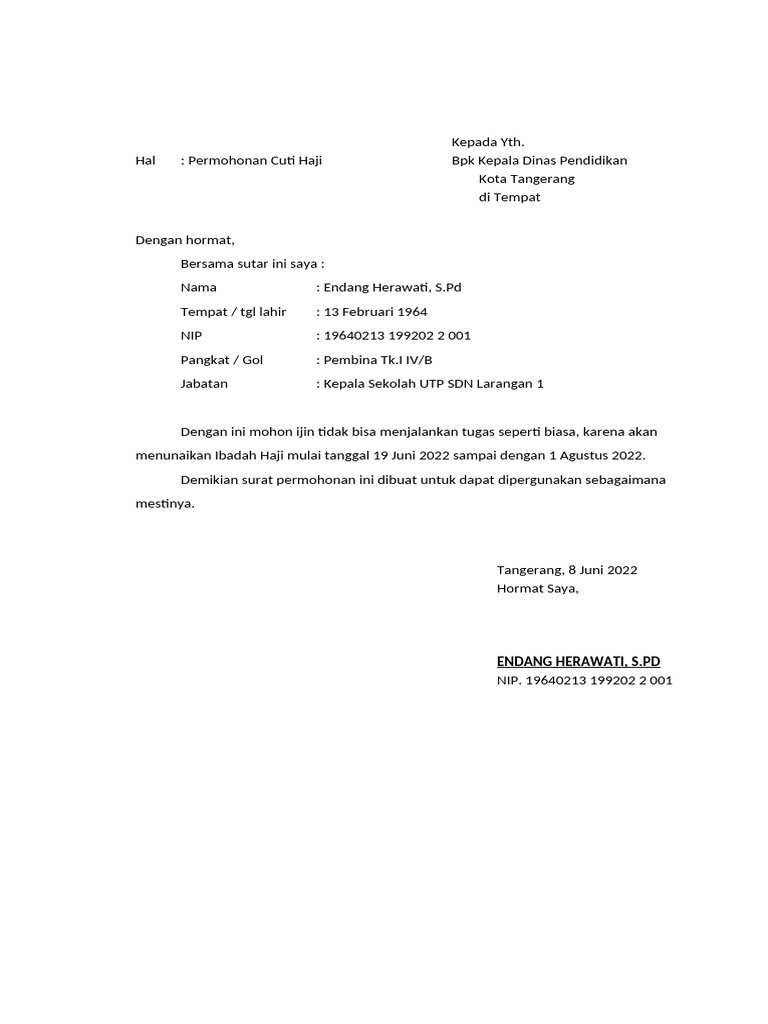 Surat Permohonan Ijin Cuti Haji | PDF