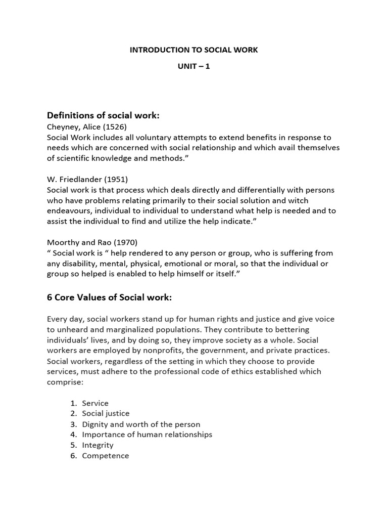 INTRODUCTION TO SOCIAL WORK - Unit 1 | PDF | Social Work | Communication