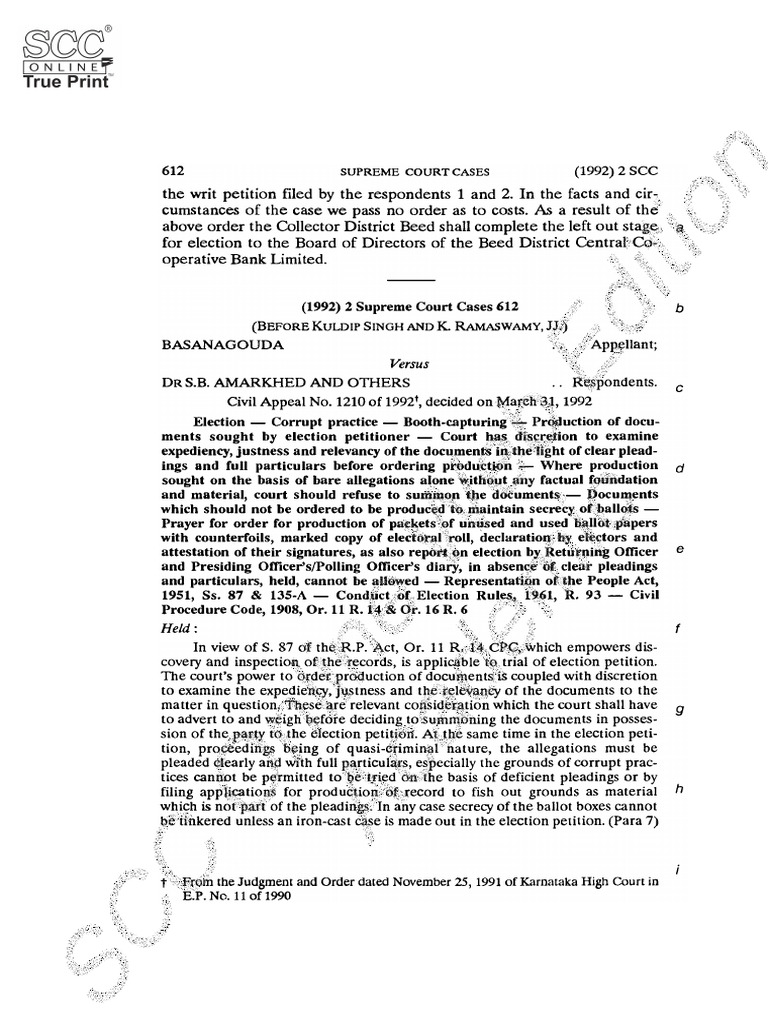 Basanagouda v. S.B. Amarkhed (DR), (1992) 2 SCC 612 | PDF | Public Law | Supreme Court Of The ...
