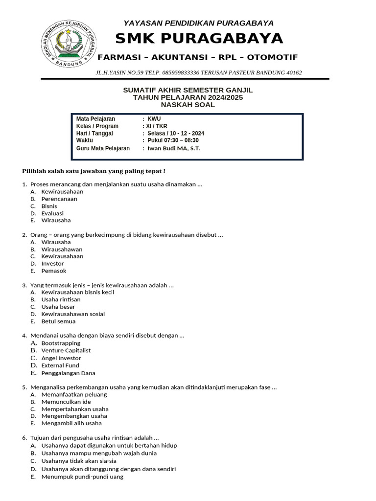 Selasa KWU (Kewirausahaan) XI TKR SAS SMK 2024-2025 | PDF