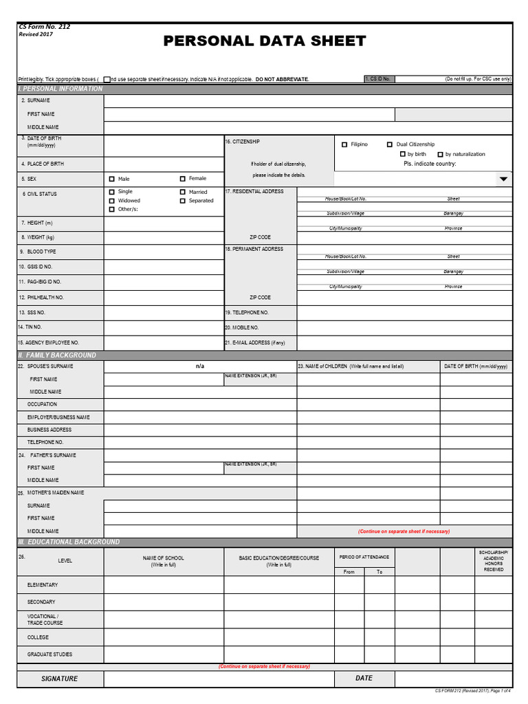 CS Form No. 212 Personal Data Sheet Revised | PDF | Passport | Justice