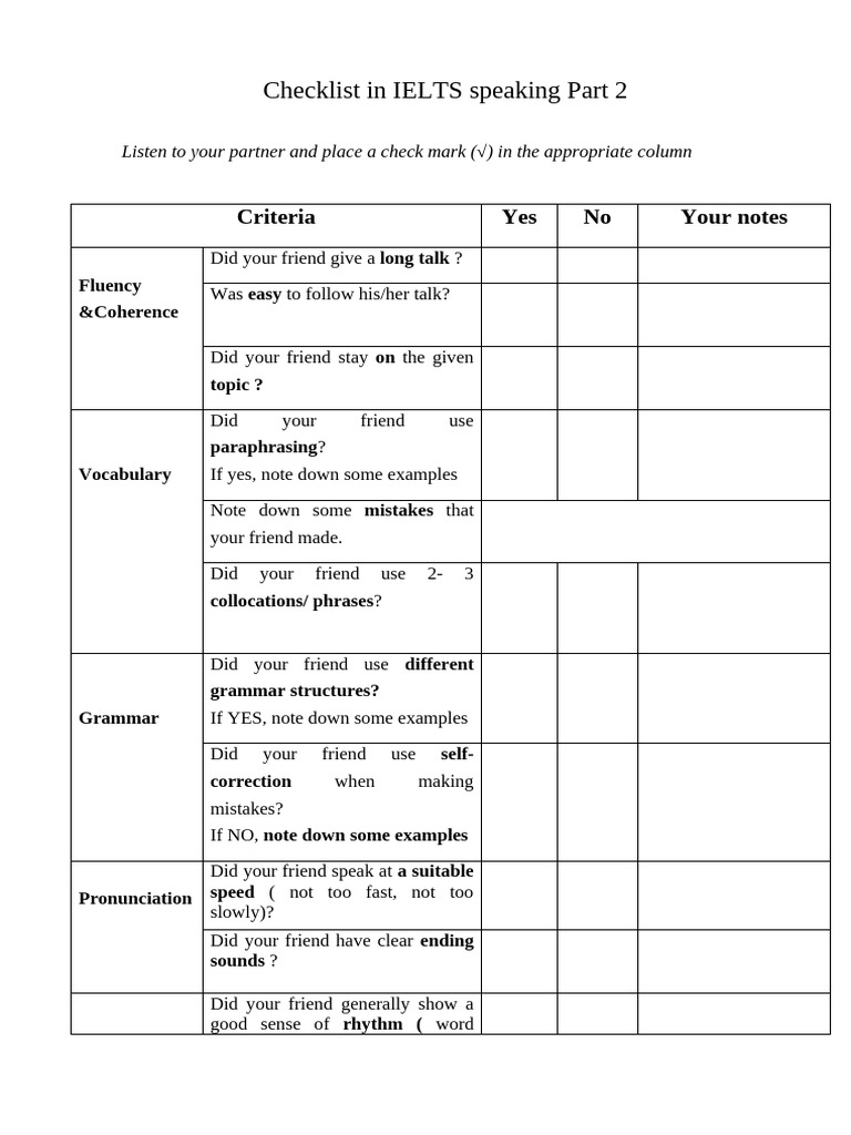 Checklist in IELTS Speaking Part 2 Updated | PDF