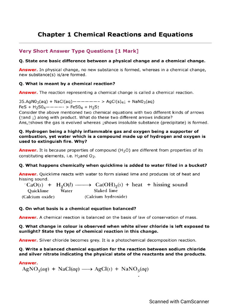 Questions of Chemical Reactions and Equations | PDF