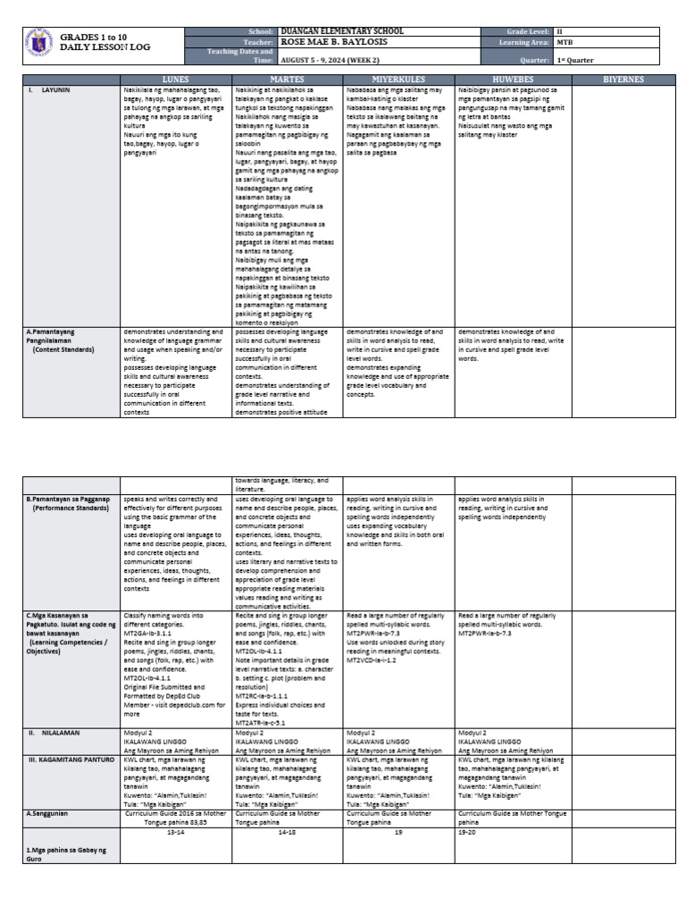 DLL - MTB 2 - Q1 - W2 | PDF