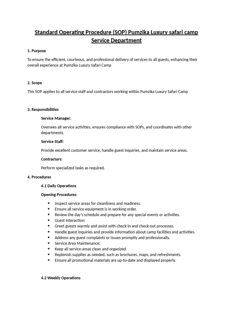 Standard Operating Procedure Service Depertment | PDF | Emergency | Safety