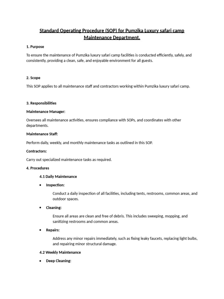 Maintenance SOP for Pumzika Camp | PDF | Public Toilet | Safety