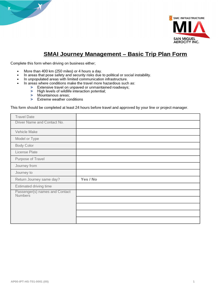 Journey Management Trip Plan Form | PDF | Vehicles | Road