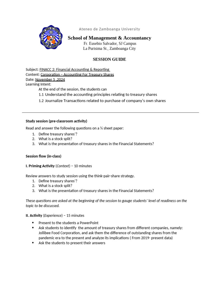 Session Guide Finacc 2 | PDF | Treasury Stock | Financial Economics