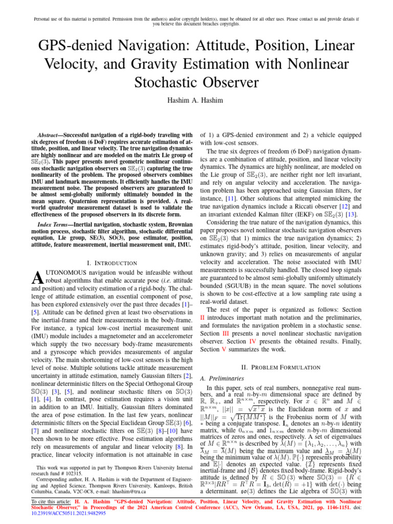 GPS-Denied Navigation Attitude, Position, Linear Velocity, and Gravity Estimation With Nonlinear ...