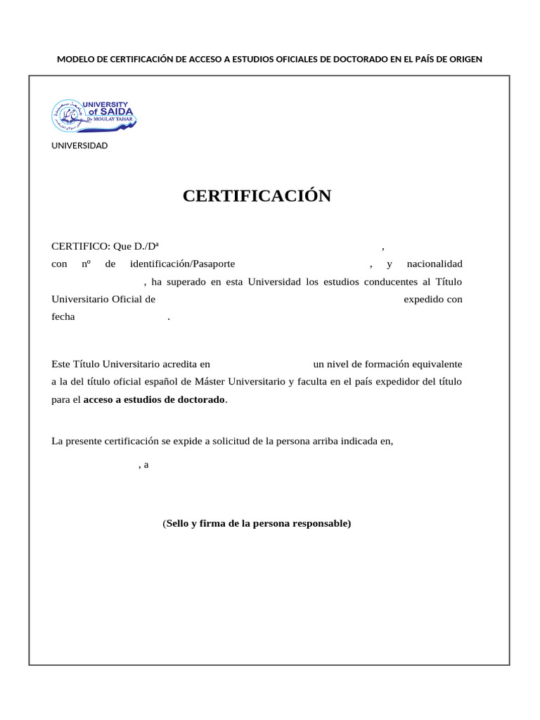 Modelo de Certificación de Acceso A Estudios Oficiales de Doctorado en El País de Origen | PDF