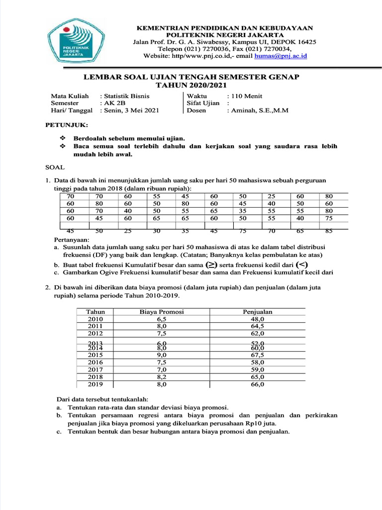 PDF Soal Uts Statistika Bisnis Ak d3 2b SMT Genap 2020 2021 - Compress | PDF