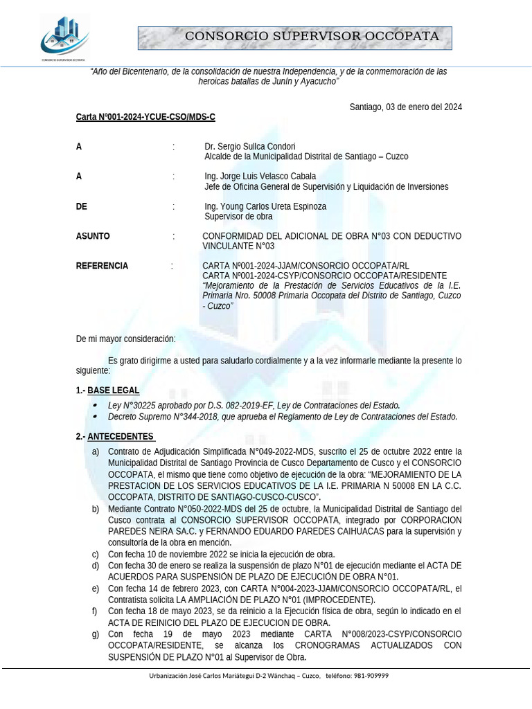 Carta 001-2024 Conformidad de Adicional de Obra N°03 Con Deductivo Vinculante N°03 | PDF ...