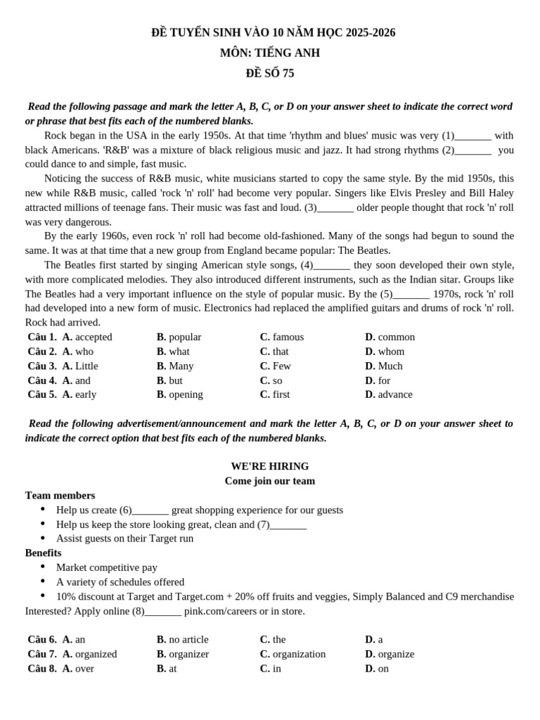 Entrance Exam English Test 75 | PDF | Rock And Roll | Rhythm And Blues