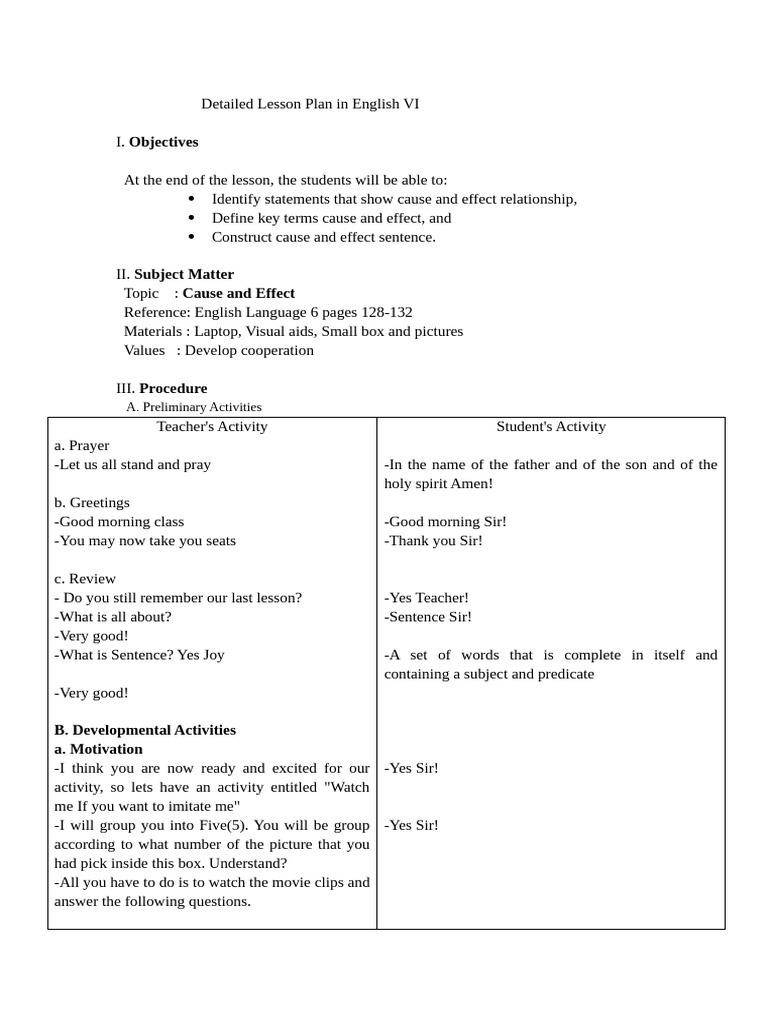 Lesson Plan in English VI - Cause and Effect | PDF | Lesson Plan ...