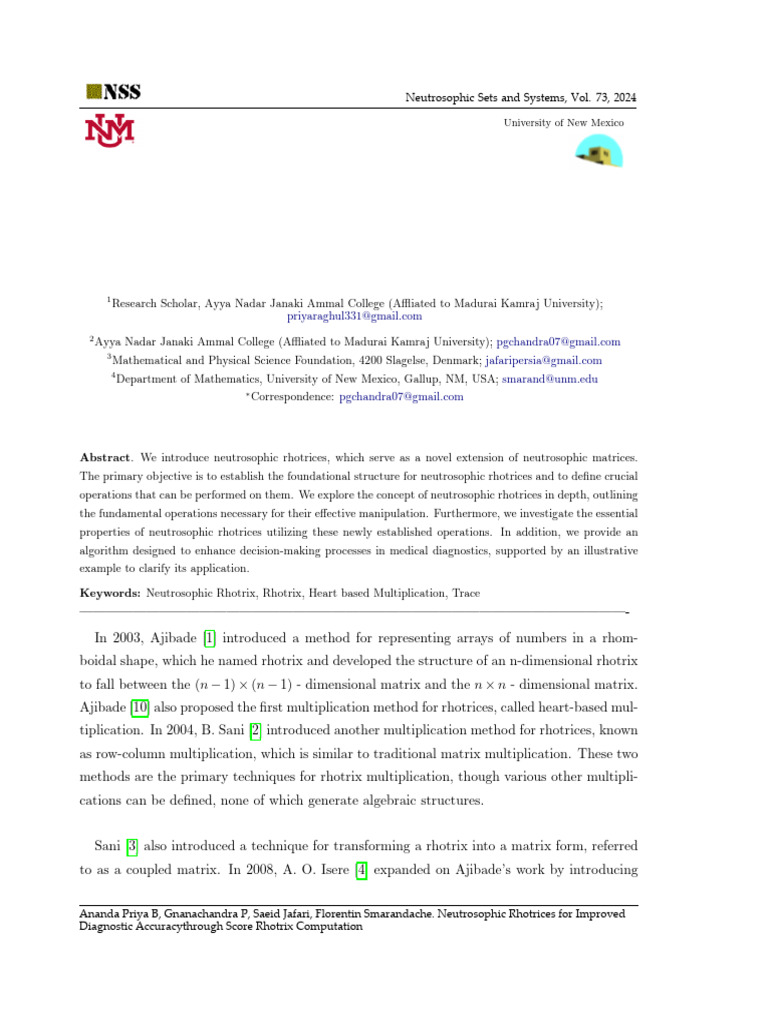 Neutrosophic Rhotrices For Improved Diagnostic Accuracythrough Score ...