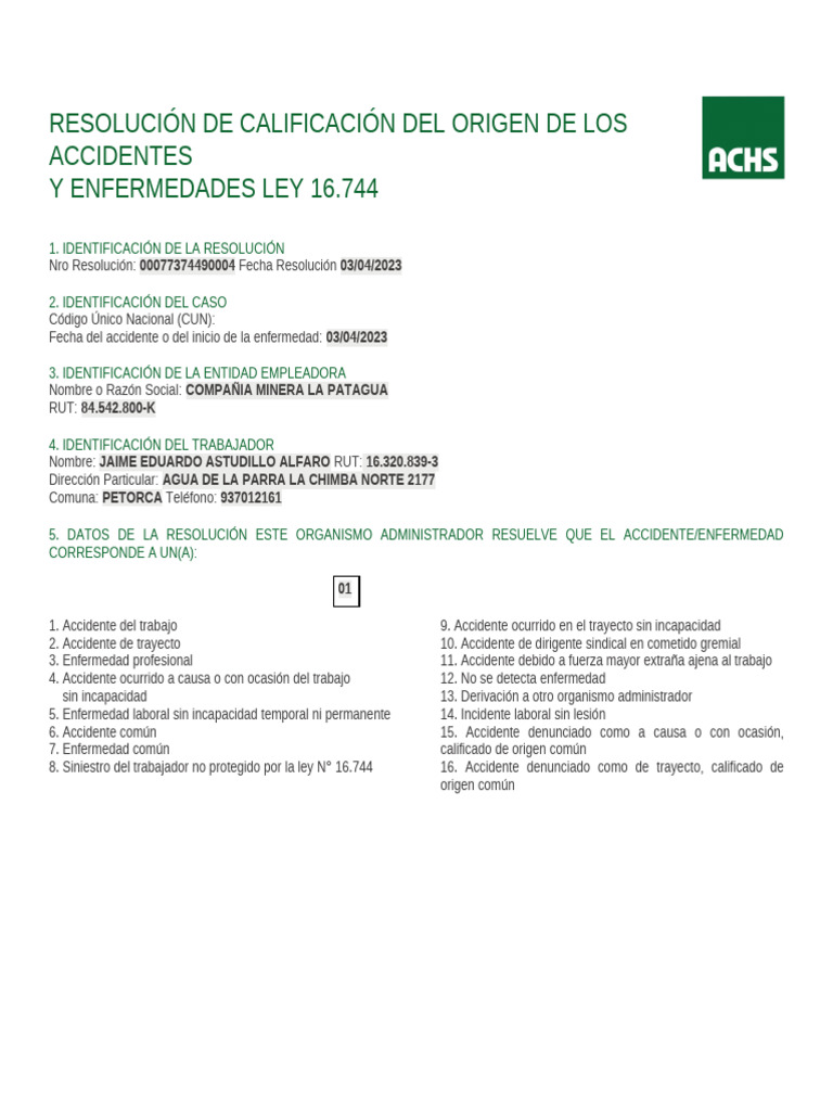 Resolución de Calificación Del Origen de Los Accidentes y Enfermedades ...