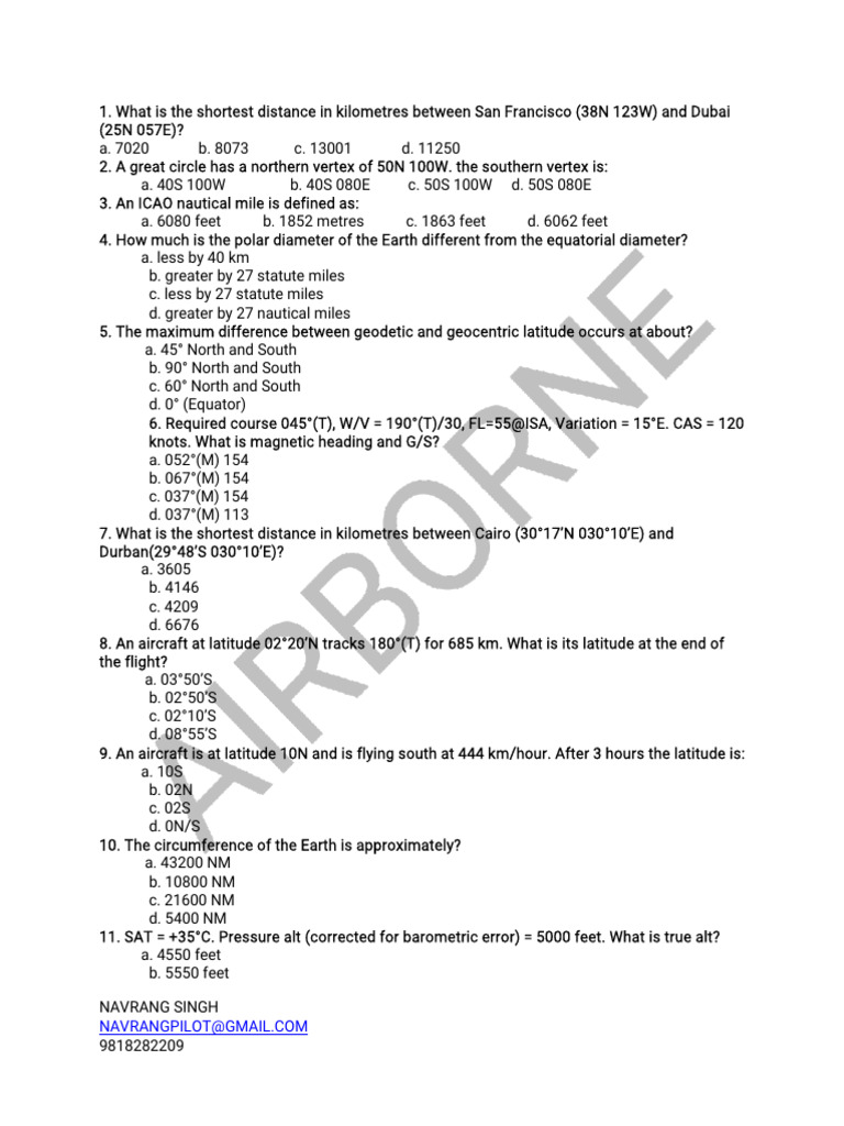 Aviation Navigation Quiz Questions | PDF