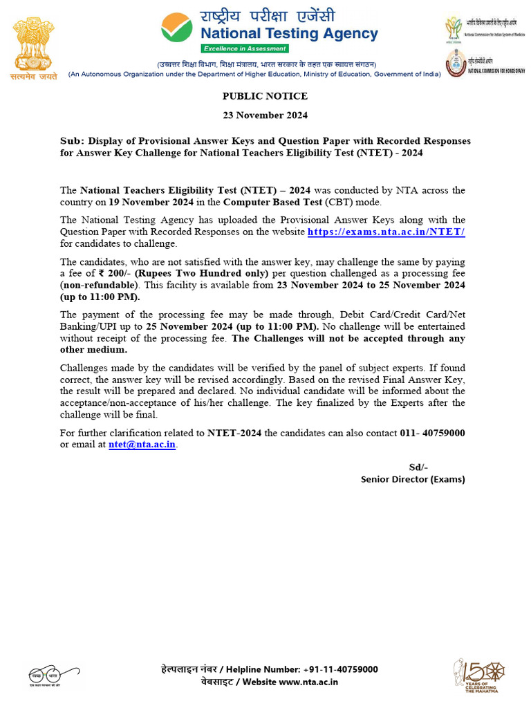 NTET 2024 Answer Key Challenge Notice | PDF | Payments | Debit Card