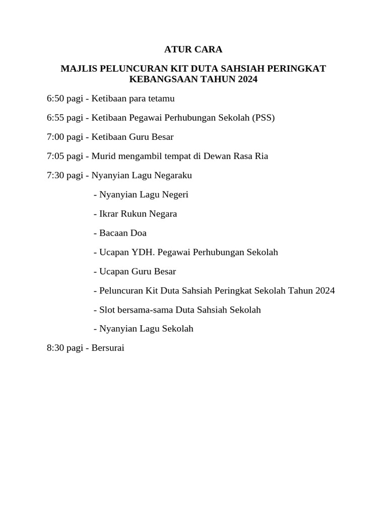 Aturcara Peluncuran Duta Sahsiah 2024 | PDF