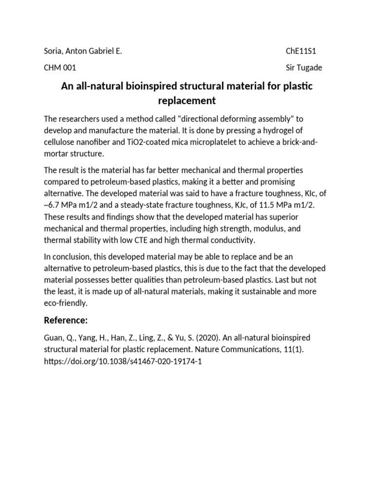 Summary of An All-Natural Bioinspired Structural Material For Plastic ...