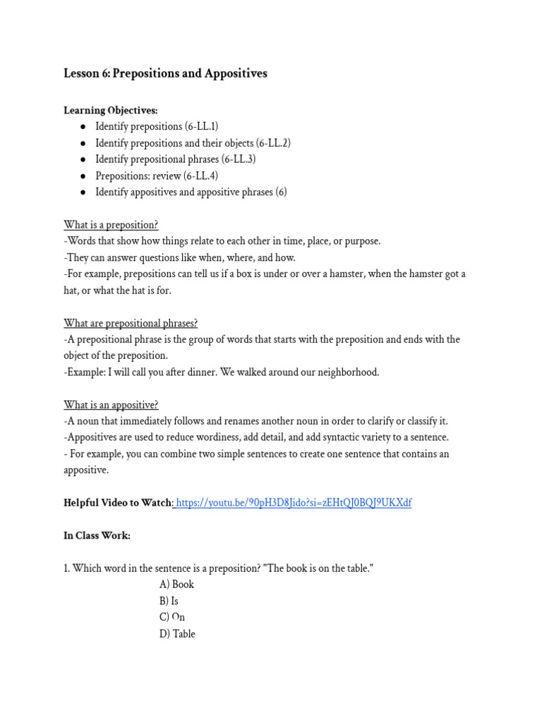 Lesson 6 - Prepositions and Appositives | PDF | Preposition And ...