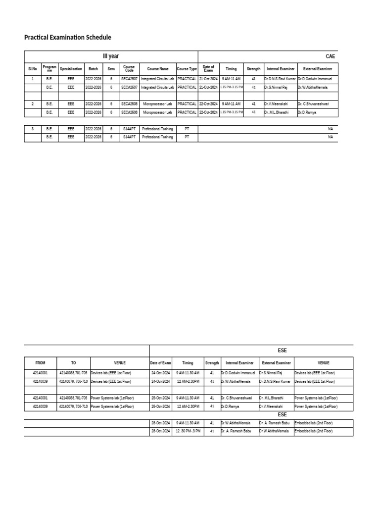 Reschedule - 3nd Year - 2022-2026 - Eee Practical Schedule For Oct-2024 | PDF | Integrated ...
