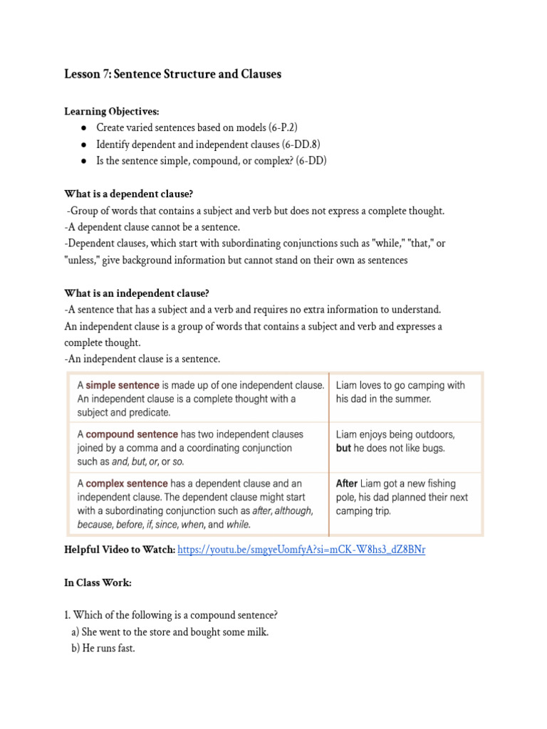 Lesson 7 - Sentence Structure and Clauses | PDF | Sentence (Linguistics ...