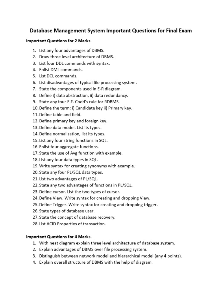 Important Questions For Final Exam | PDF | Databases | Pl/Sql