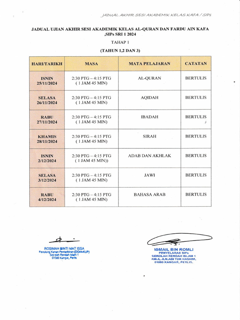 Jadual Ujian Akhir Tahun Sesi Akademik Kelas Al-Quran Dan Fardu Ain ...