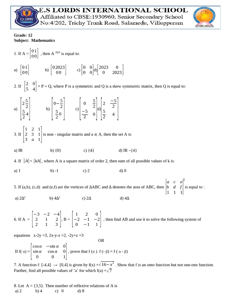 12th Maths 1 | PDF | Matrix (Mathematics) | Matrix Theory