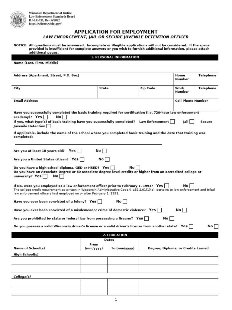 Employment Application for Law Enforcement | PDF | Justice | Crime ...