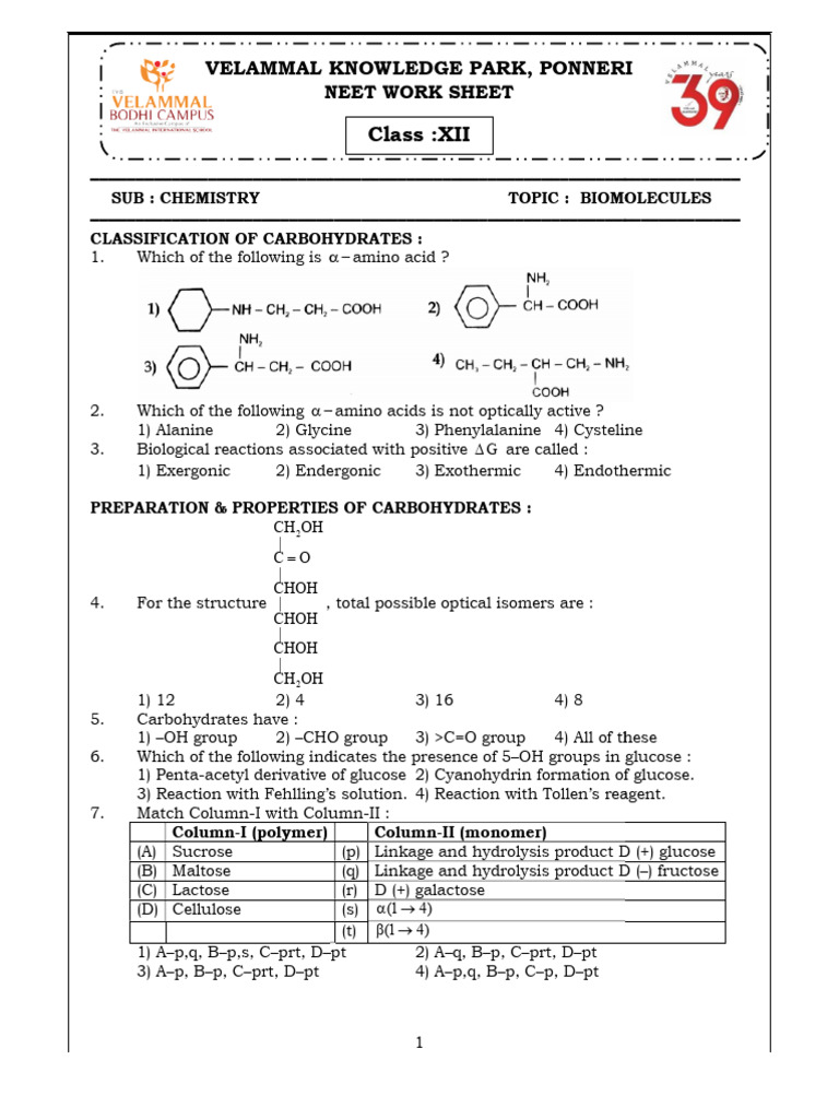 NEET Biomolecules Worksheet | PDF | Carbohydrates | Glucose