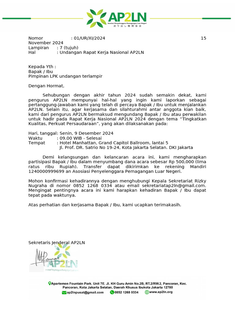 Undangan Rakernas AP2LN | PDF