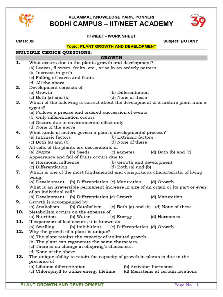 NEET Plant Growth MCQs Worksheet | PDF | Reproduction | Botany