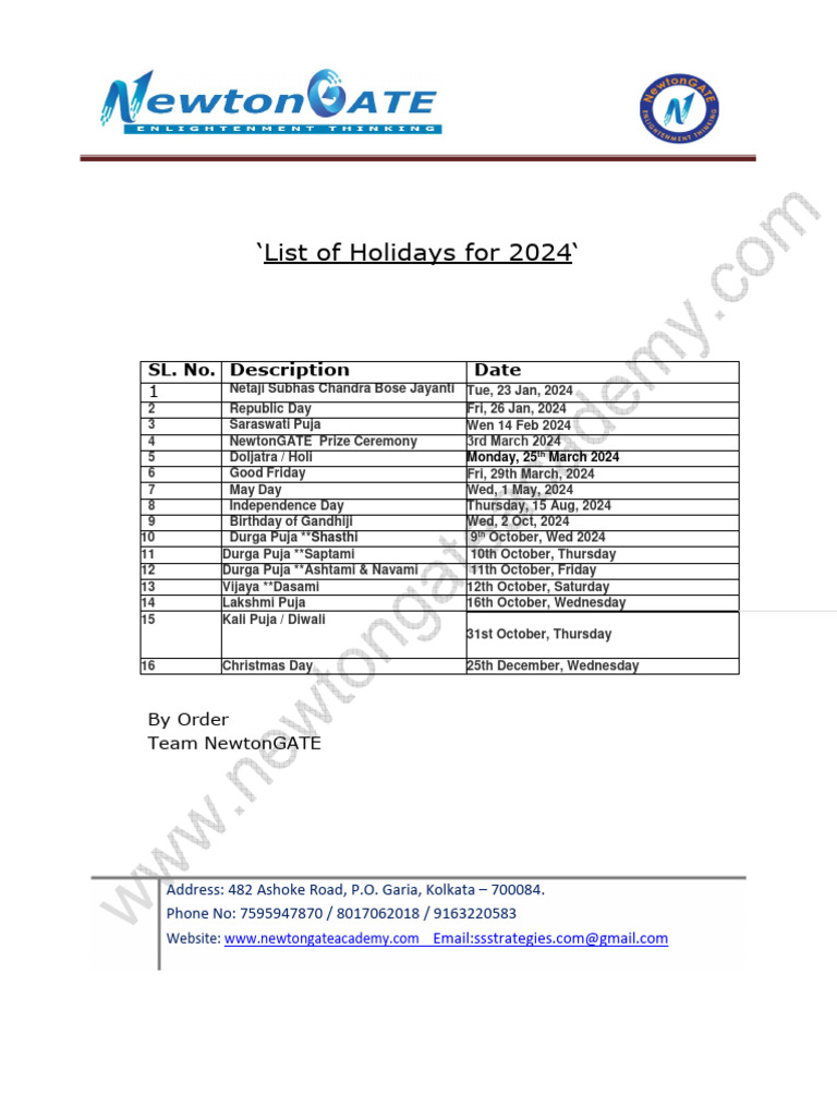 List of Holidays 2024 | PDF