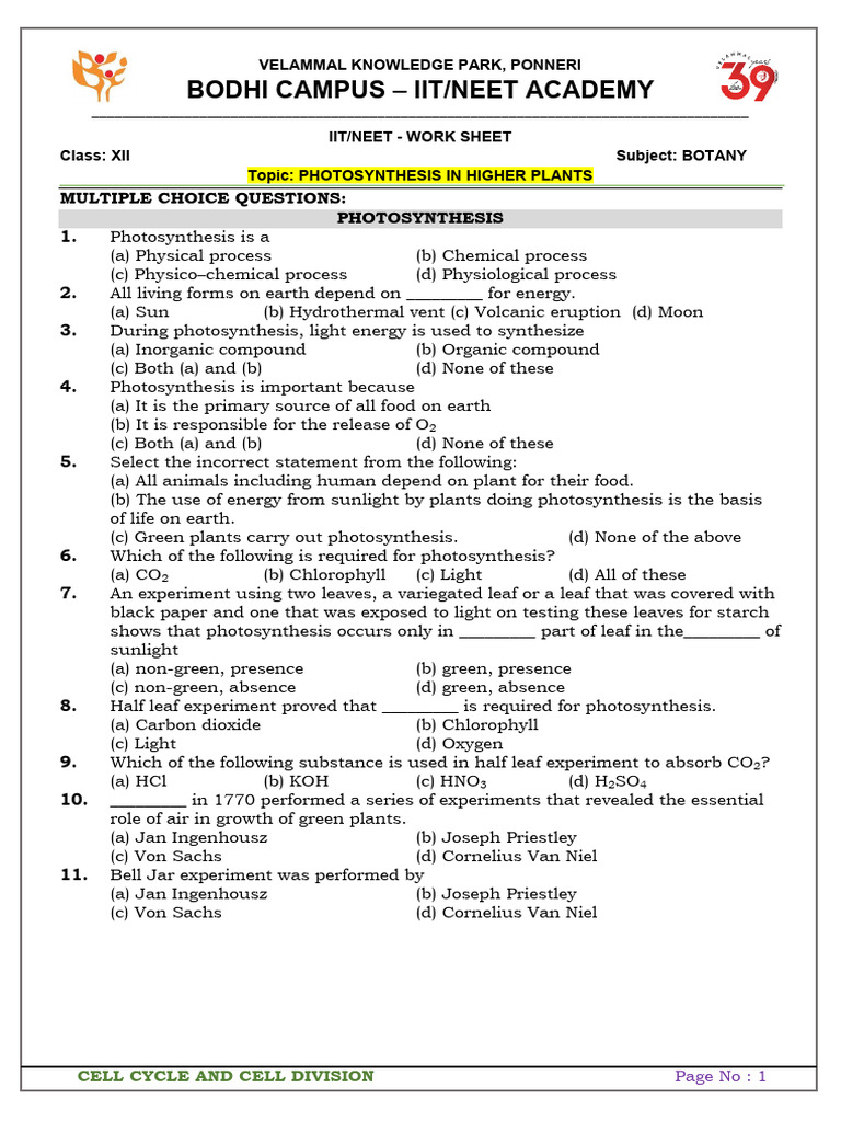 Photosynthesis in Higher Plants - Botany - NEET Work Sheet | PDF ...