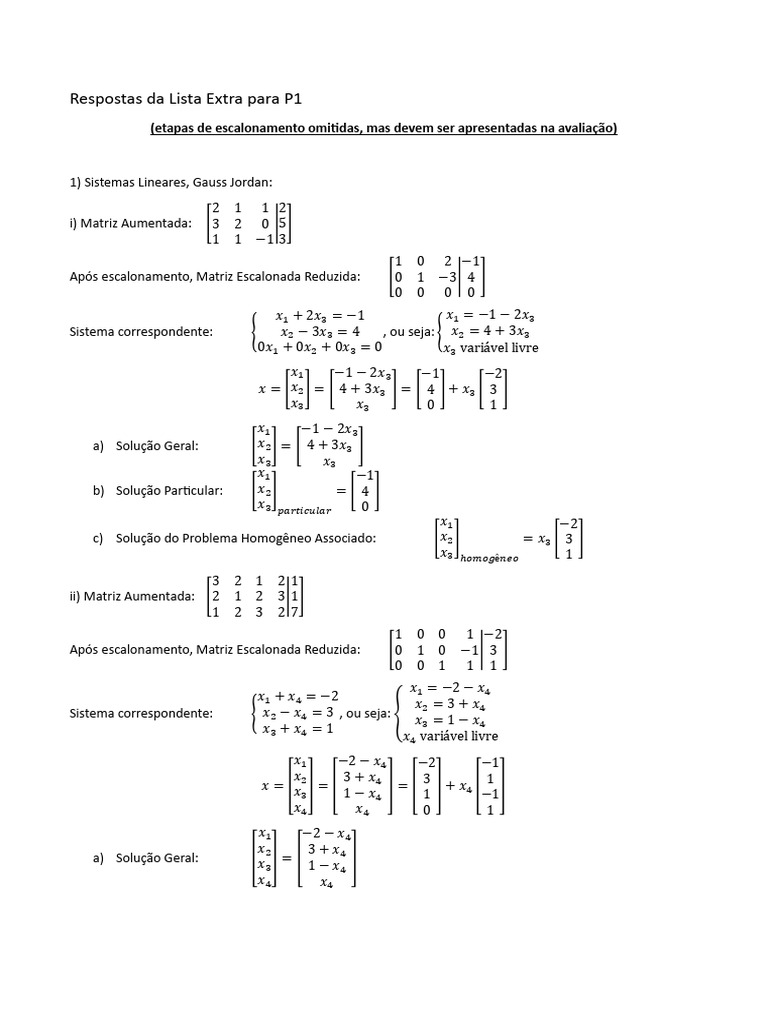 Gabarito Lista Extra para P1 | PDF | Determinante | Analise matemática