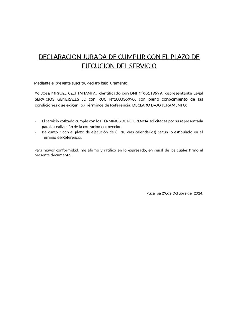 Formato Declaracion Jurada Plazos de Ejecucion | PDF