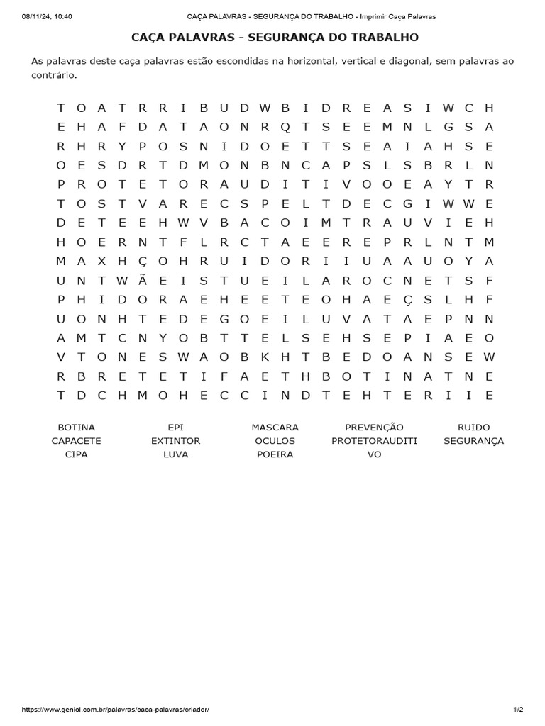 CAÇA PALAVRAS - SEGURANÇA DO TRABALHO - Imprimir Caça Palavras | PDF