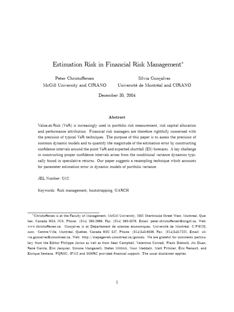 VaR Estimation Risk in Financial Risk Management | PDF | Bootstrapping (Statistics) | Value At Risk