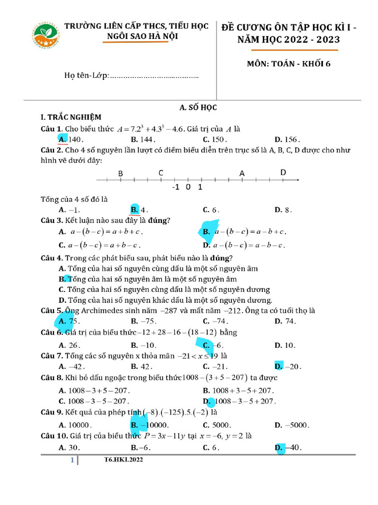 De Cuong Hoc Ki 1 Toan 6 Nam 2022 2023 Truong TH Thcs Ngoi Sao Ha Noi | PDF