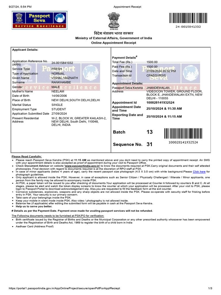 Appointment Receipt | PDF | Identity Document | Birth Certificate
