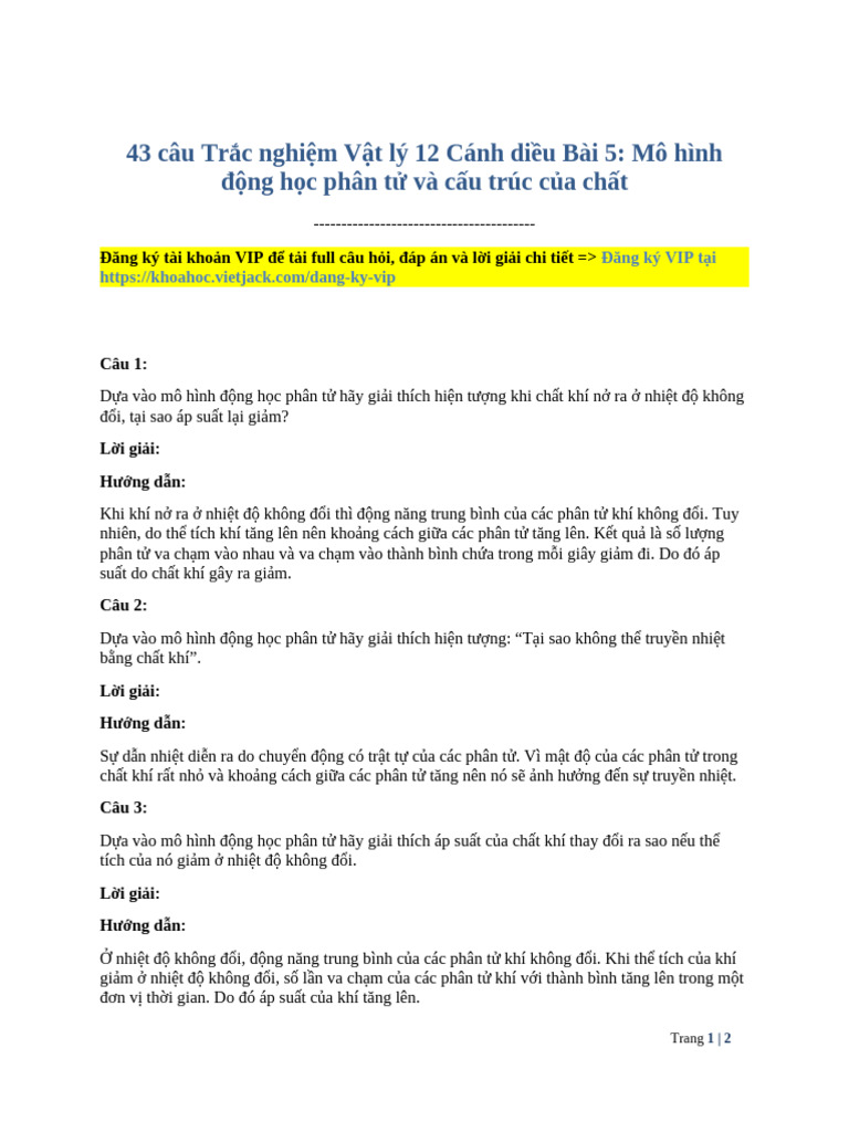 43 Cau Trac Nghiem Vat Ly 12 Canh Dieu Bai 5 Mo Hinh Dong Hoc Phan Tu Va Cau Truc Cua Chat ...