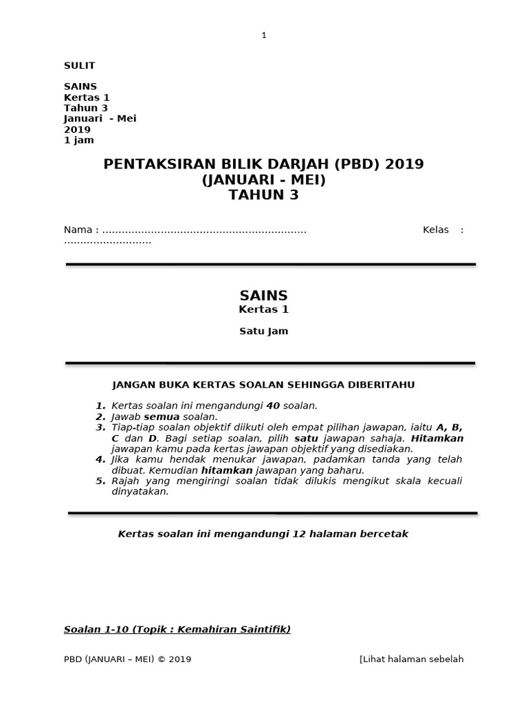 Soalan PBD (Jan-Mei) 2019 - Sains T3 K1 | PDF