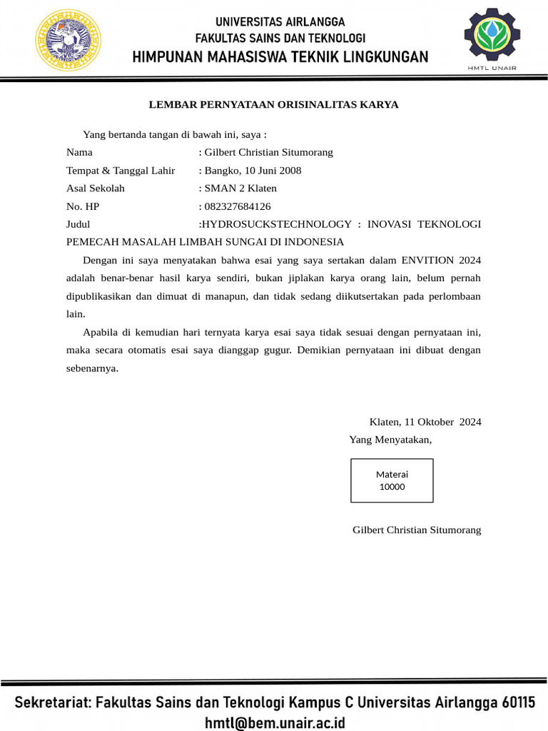 Lembar Pernyataan Orisinalitas Karya ENVITION 2024 | PDF Lembar Pernyataan Orisinalitas Karya ENVITION 2024 | PDF