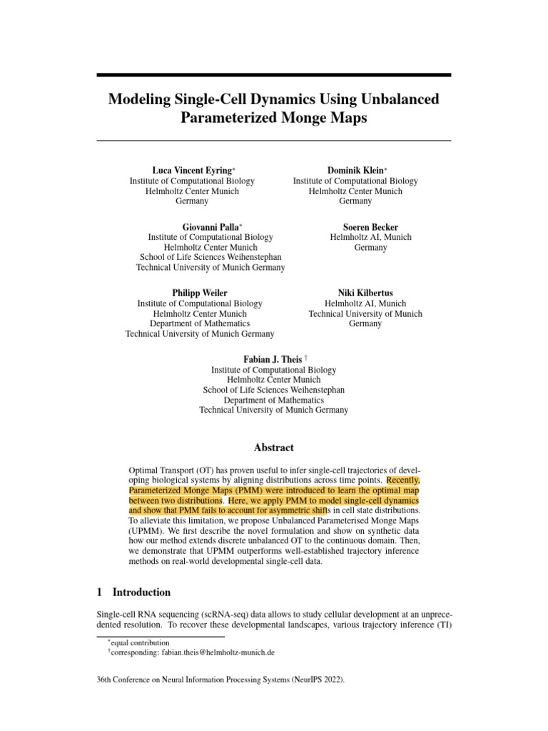 Modeling Single-Cell Dynamics Using Unbalanced Parameterized Monge Maps ...