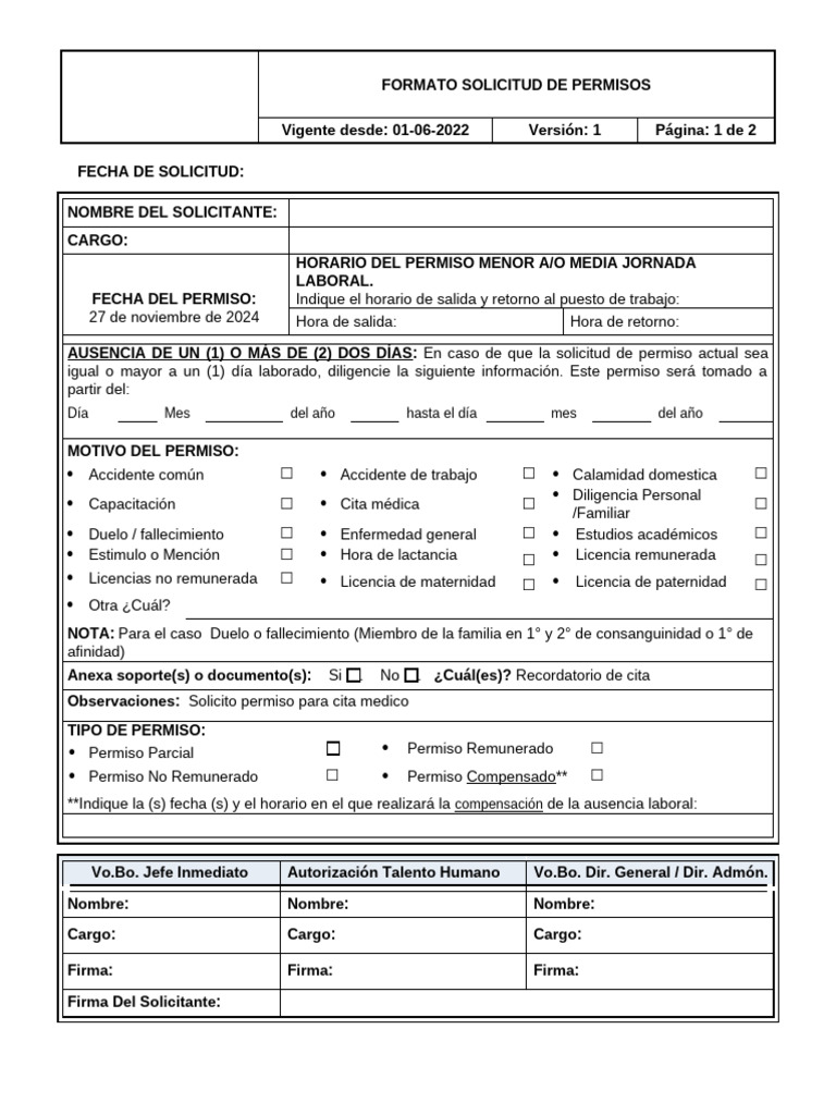 Formato Solicitud de Permisos | PDF