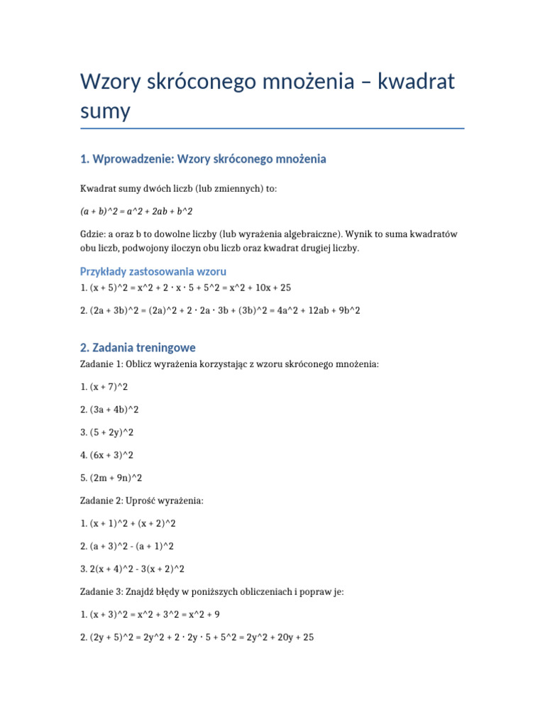 Wzory Skroconego Mnozenia Technikum Klasa1 | PDF