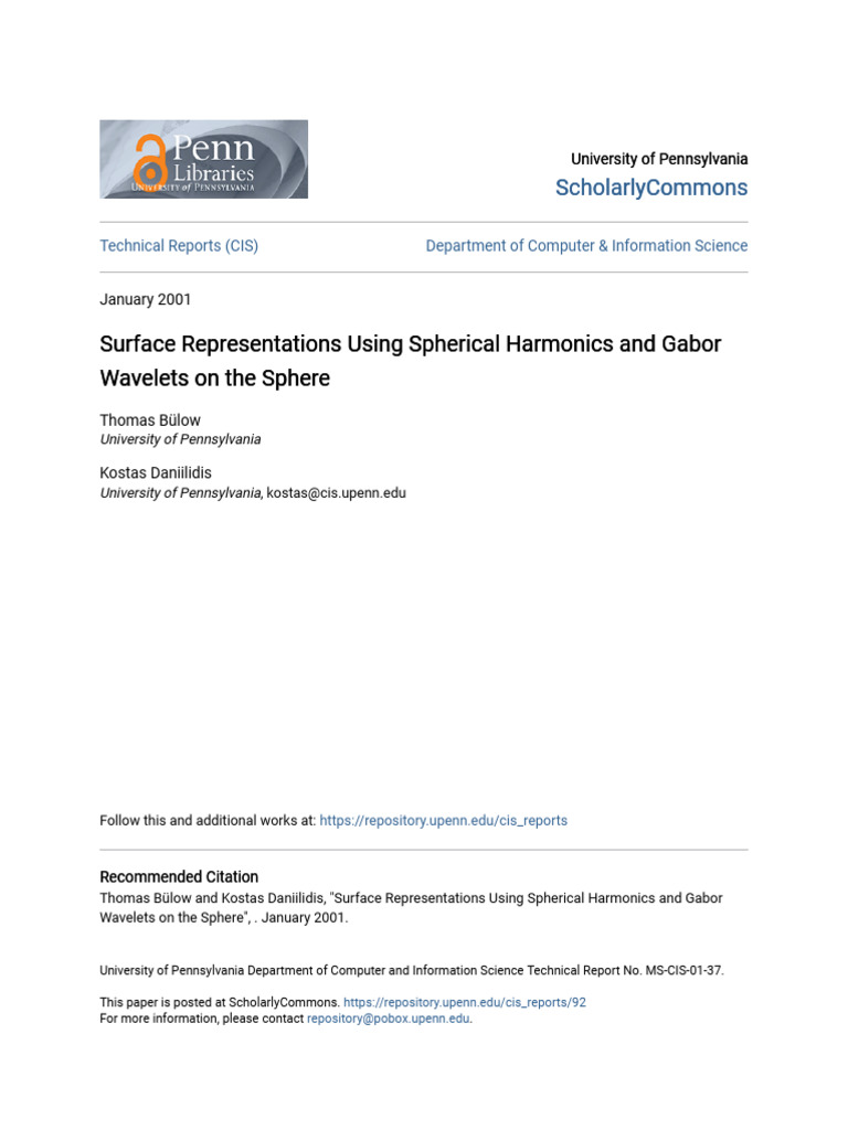 Surface Representations Using Spherical Harmonics and Gabor Wavelets On The Sphere | PDF ...