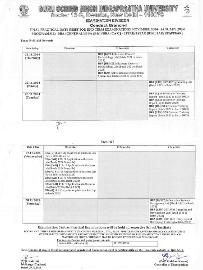 Final Date Sheet BBA B.com (H) and MBA Dec. 2024 - Compressed | PDF